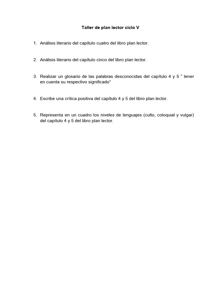 Taller de Plan Lector Ciclo V | PDF