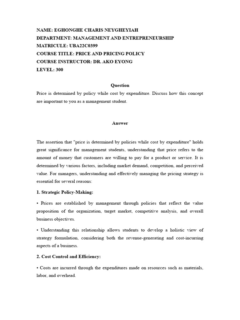 Price and Pricing Policy by Charis | PDF | Expense | Pricing