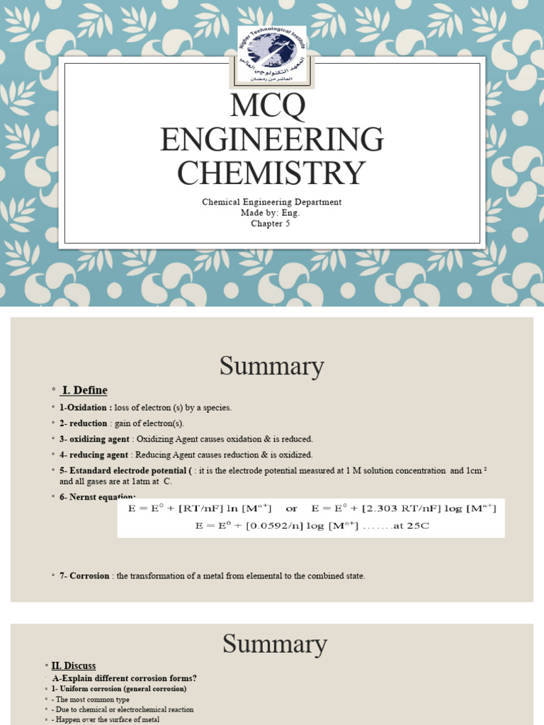 MCQ Engineering Chemistry | PDF | Corrosion | Redox
