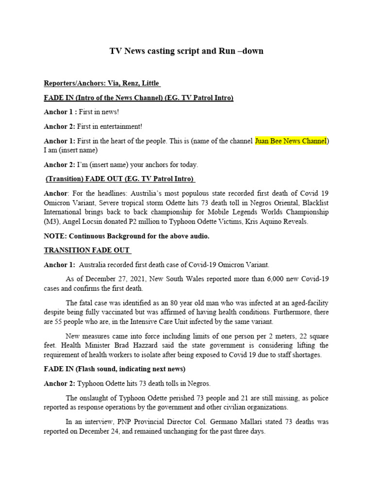 TV NewsCast Script and Rundown 1 | PDF