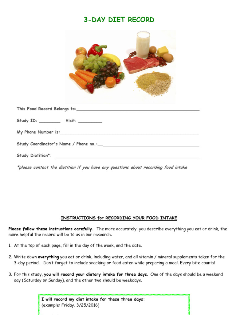 Sample 3 Day Diet Record Form - PDF | PDF | Dietary Supplements | Meal