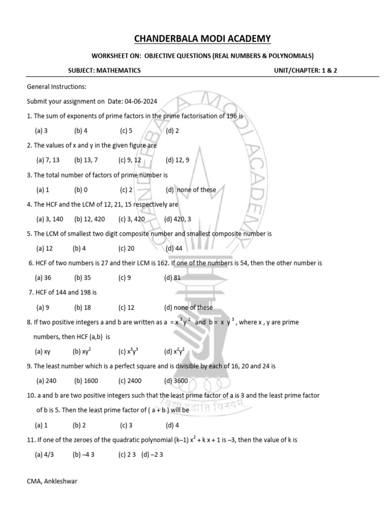 10 Maths Objective Questions Holiday Home Work 2024-25 | PDF ...