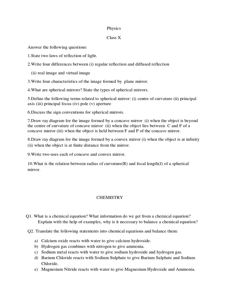 Class 10 Science Summer Vacation Homework | PDF | Mirror | Magnesium