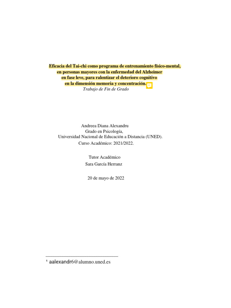 Revisión Borrador - TFG - Taichi - Alzheimer AlexandruAndreeaDiana | PDF | Enfermedad de ...