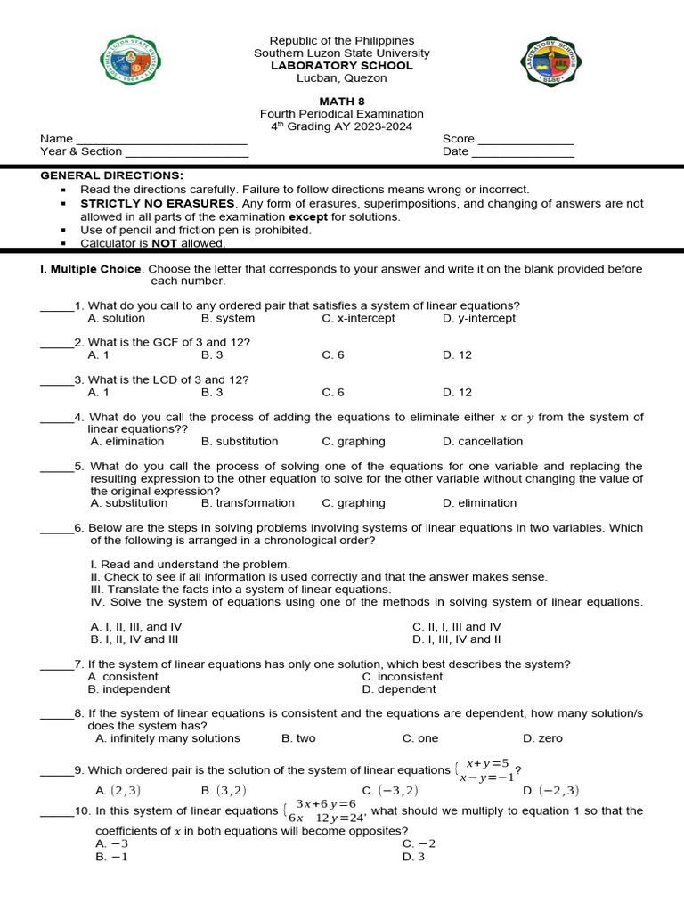 GRADE-8-MATH-QUARTERLY-TEST-FOR-4TH-GRADING | PDF | System Of Linear ...