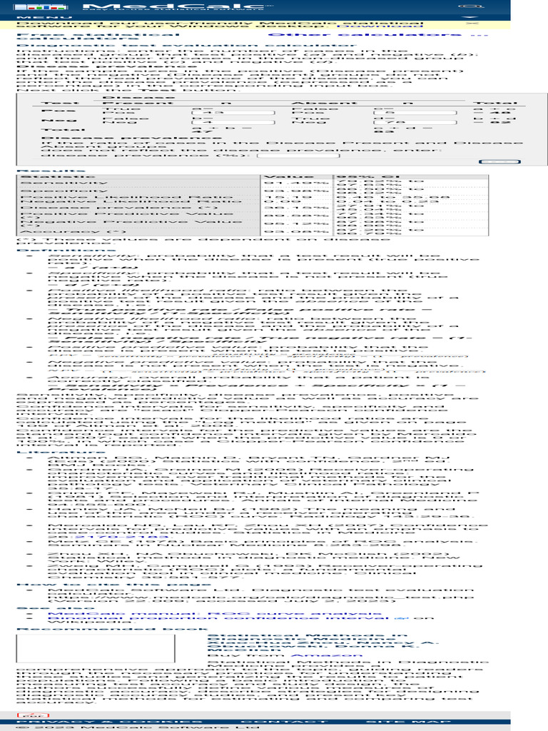 MedCalc's Diagnostic Test Evaluation Calculator | PDF | Sensitivity And ...