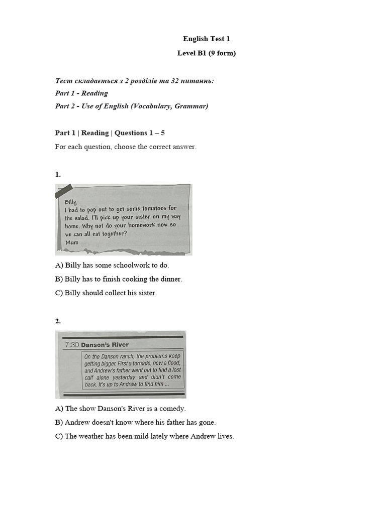 English Test 1 (Short) Level B1 (9 Form) | PDF