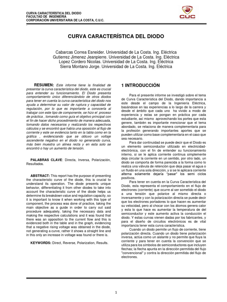 Informe de Laboratorio - Características Del Diodo - Electrónica Analógica y Digital | PDF ...