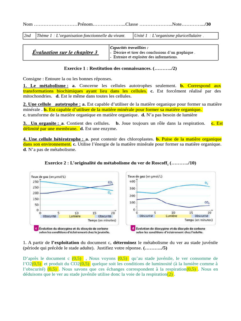 Correction Evaluation Seconde 2023 Sujet A Copie | PDF | Cellule (Biologie) | Métabolisme
