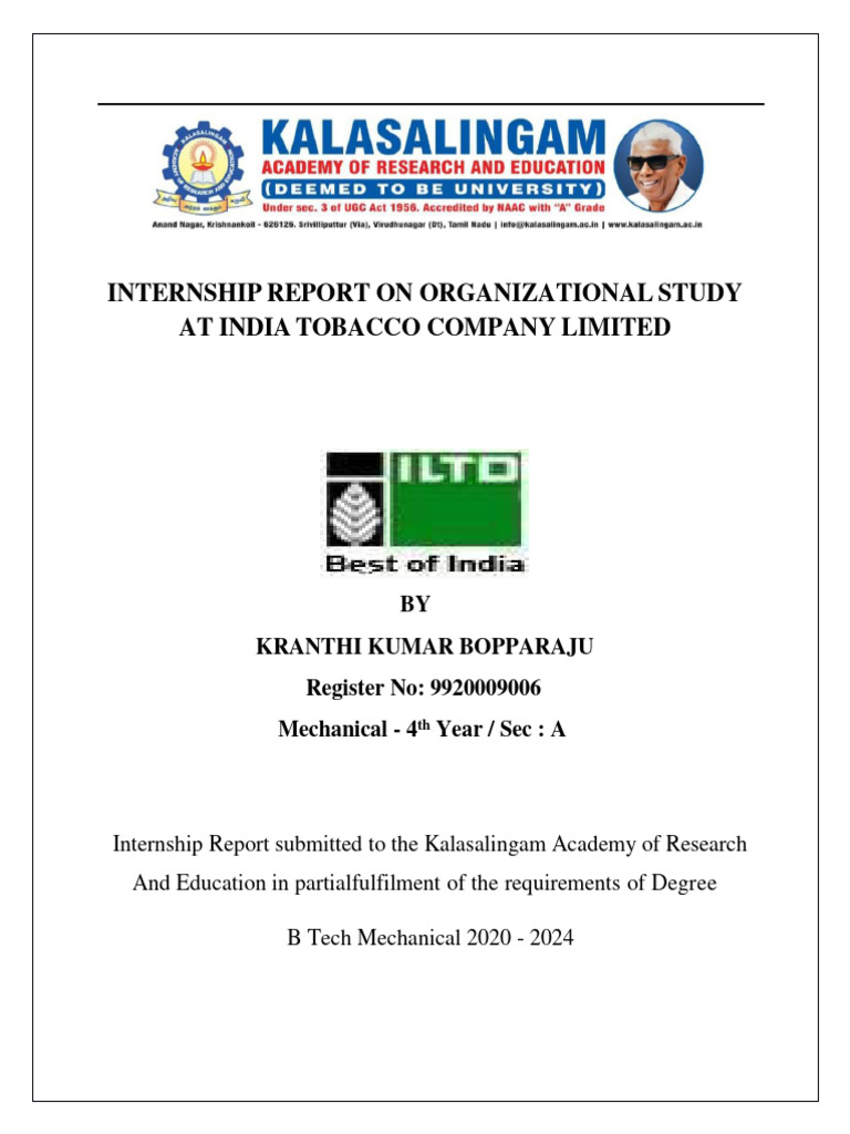 Internship Report on ITC Tobacco Company | PDF | Tobacco | Tobacco Smoking