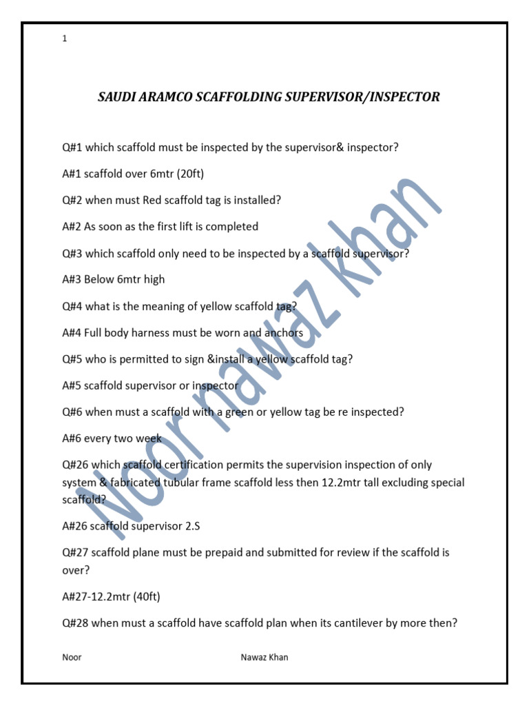 Aramco Scaffolding Supervisor Exam Q&A | PDF | Scaffolding | Stairs