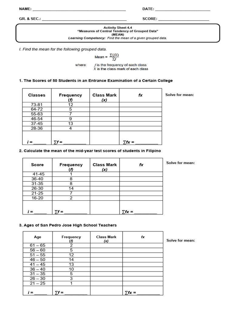 Mean Calculation for Grouped Data | PDF