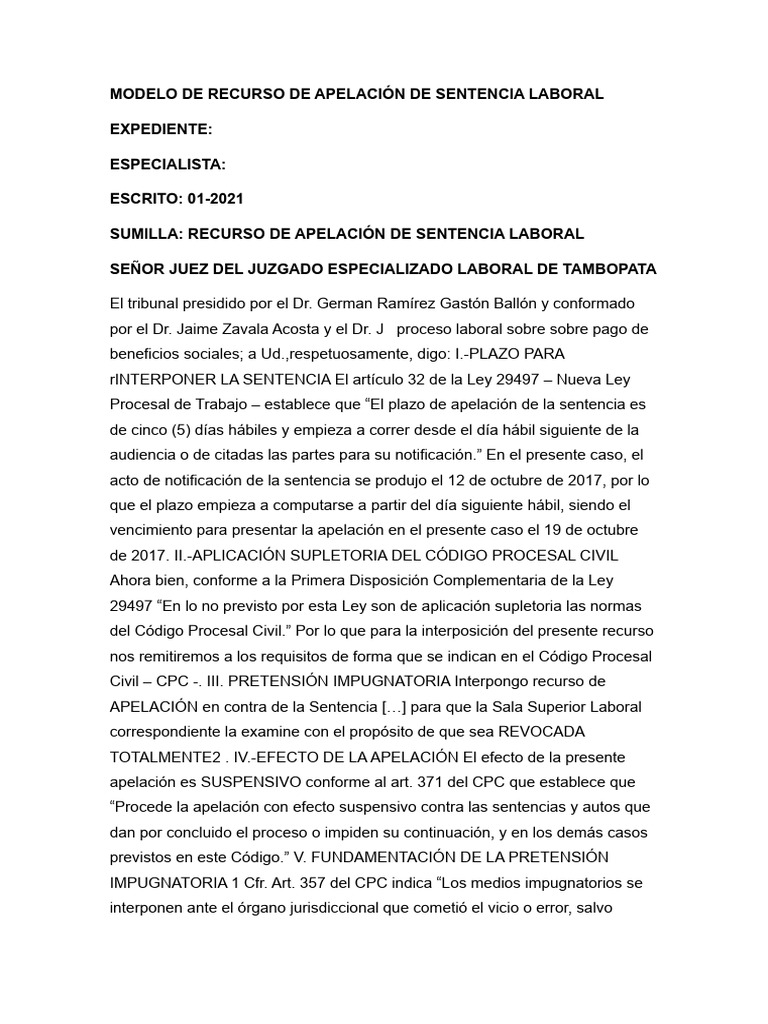 Modelo de Recurso de Apelación de Sentencia Laboral | PDF | Apelación | Sentencia (ley)
