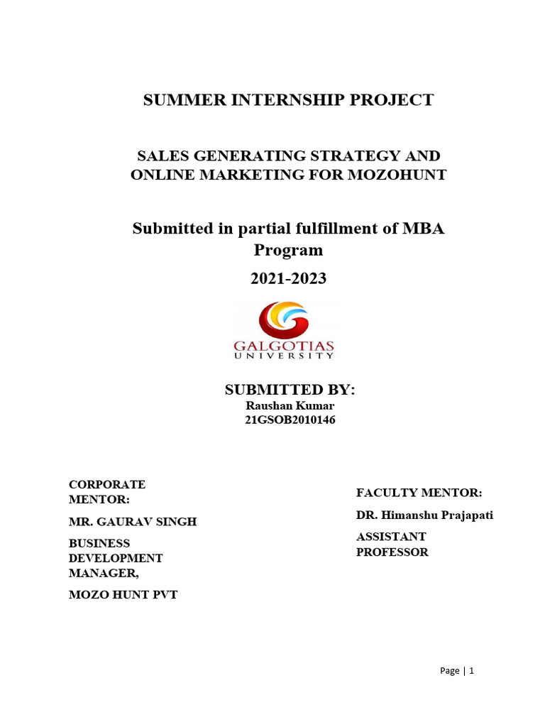 SIP REPORT MOZO HUNT | PDF | Marketing | Customer Relationship Management