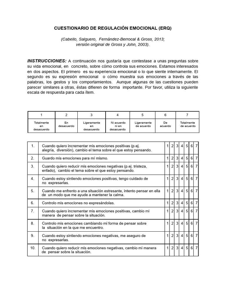Cuestionario de Regulación Emocional (ERQ) | PDF