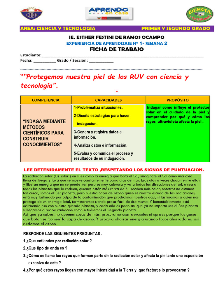 Adriana Barzola aquino - FICHA -SEM 2 -U 1 - 1° y 2° grado- OFICIAL | PDF | Protector solar | Dom