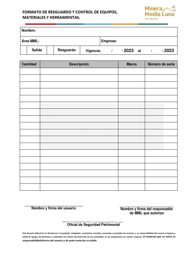 Formato de Resguardo y Control de Equipos Materiales y Herramientas 2023 | PDF
