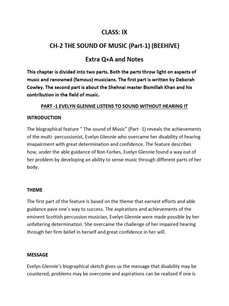 Ch-2 The Sound of Music PART-1 Extra Q+A and Notes | PDF | Hearing ...