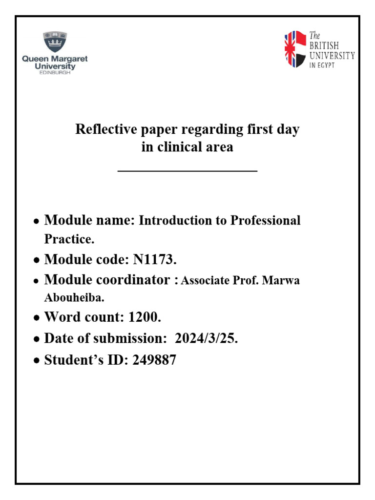 Reflective Paper Regarding First Day in Clinical Area | PDF | Nursing ...
