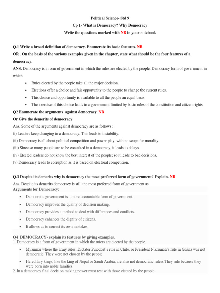 Final Notes CP 1 Pol Science | PDF | Democracy | Political Ideologies