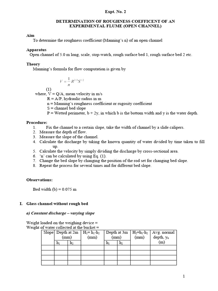 Expt-2-Roughness Coefficient (Manning's N) | PDF | Quantity | Metrology