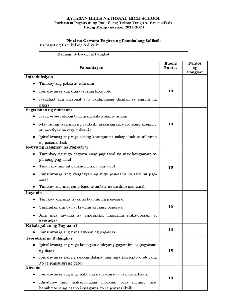Panukalang Saliksik Pamantayan. | PDF