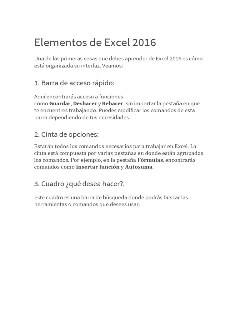 Elementos Básicos de Excel 2016 | PDF
