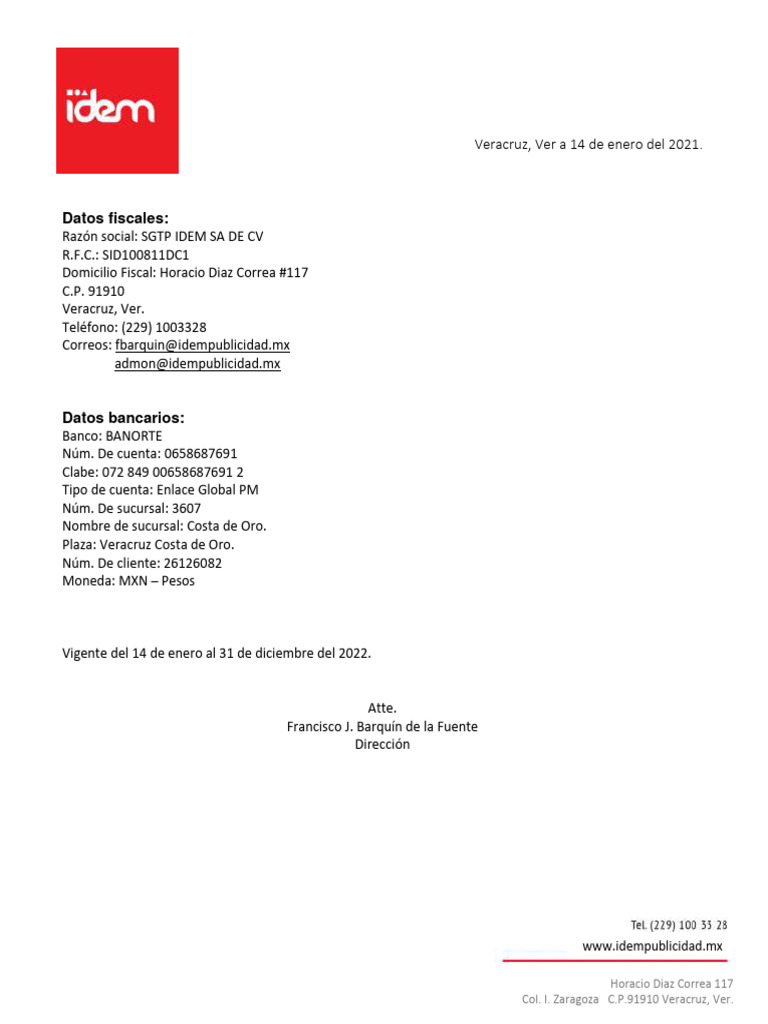 Datos Fiscales y Bancarios SGTP IDEM | PDF