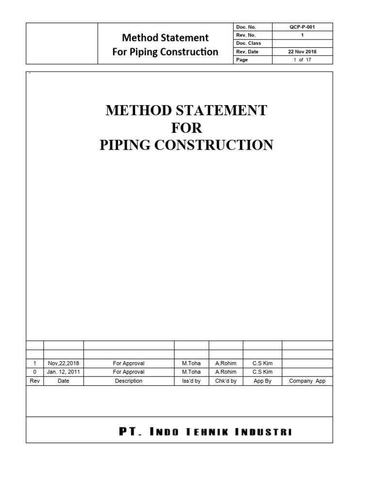 Method Statement For Piping Construction | PDF | Welding | Construction