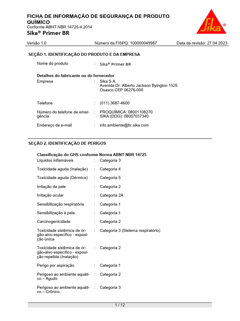 17 - Sika Primer BR - Msds 24.10.08 | PDF | Solubilidade | Química