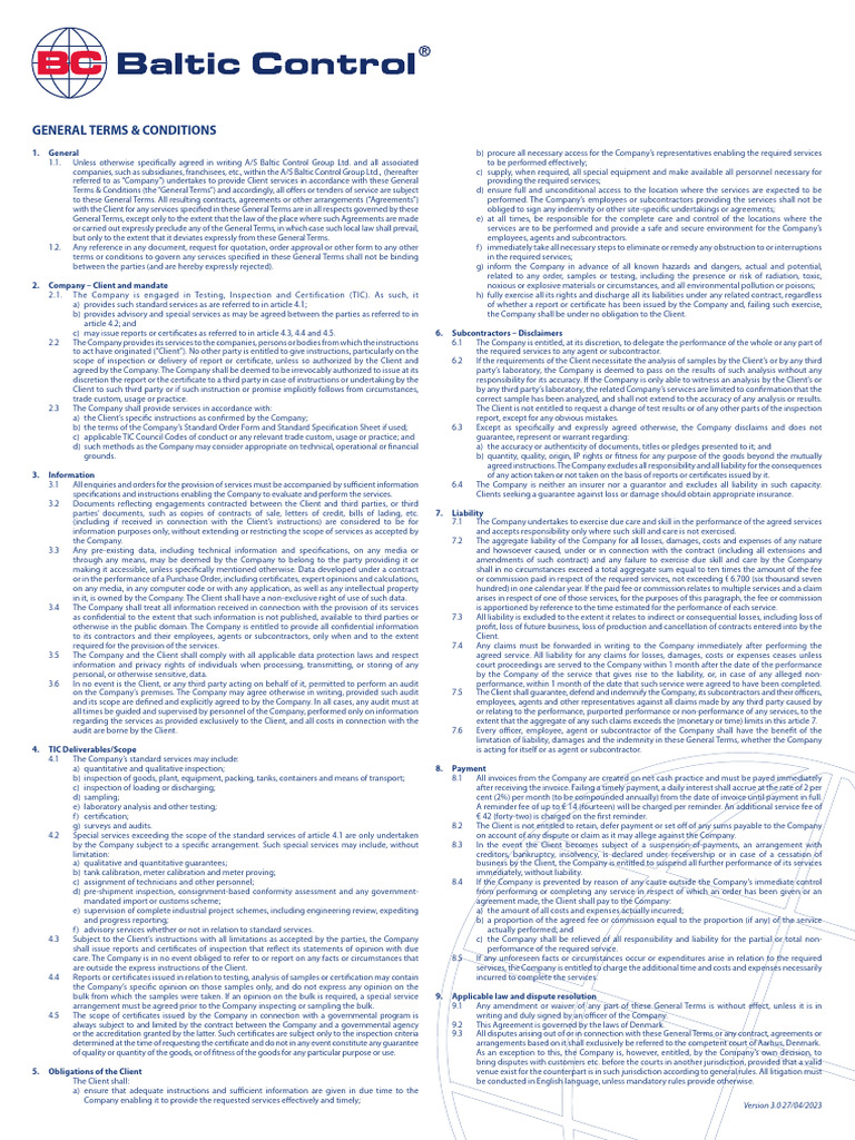 Baltic Control Generel Terms & Conditions Version 3.0 270423 | PDF ...
