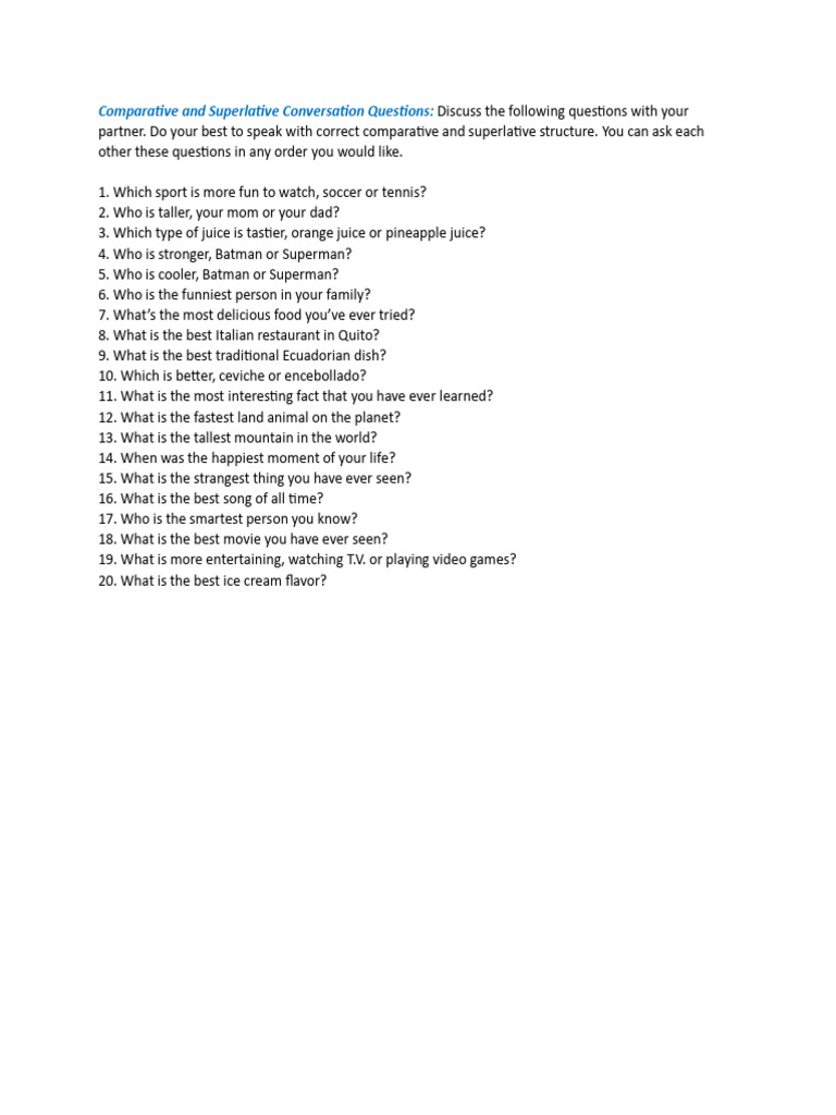 Comparative and Superlative Conversation Questions | PDF | Lifestyle