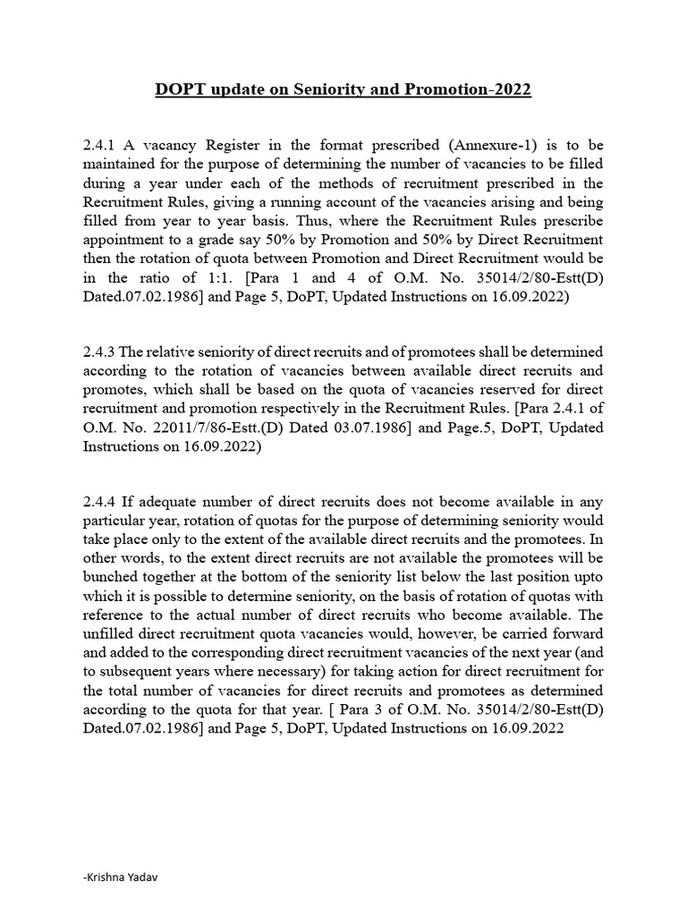 DoPT Info On Promotion Seniority Updated On 16-09-2022 | PDF | Justice | Crime & Violence
