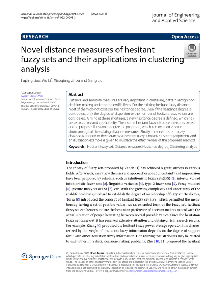 Novel Distance Measures of Hesitant Fuzzy Sets and Their Applications in Clustering Analysis ...