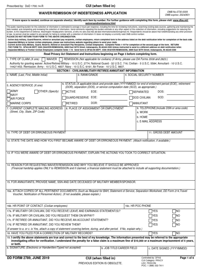 DD Form 2789, _Waiver_Remission of Indebtedness Application_ | PDF ...