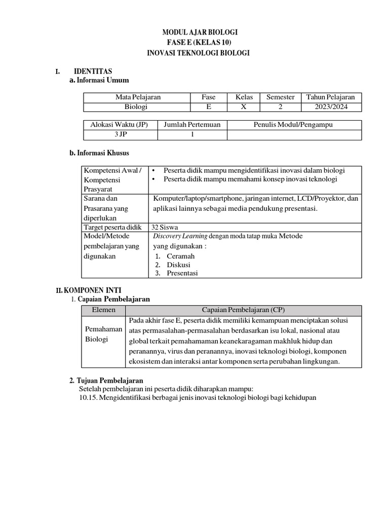 Modul Ajar Biologi Kelas 10 Fase E | PDF