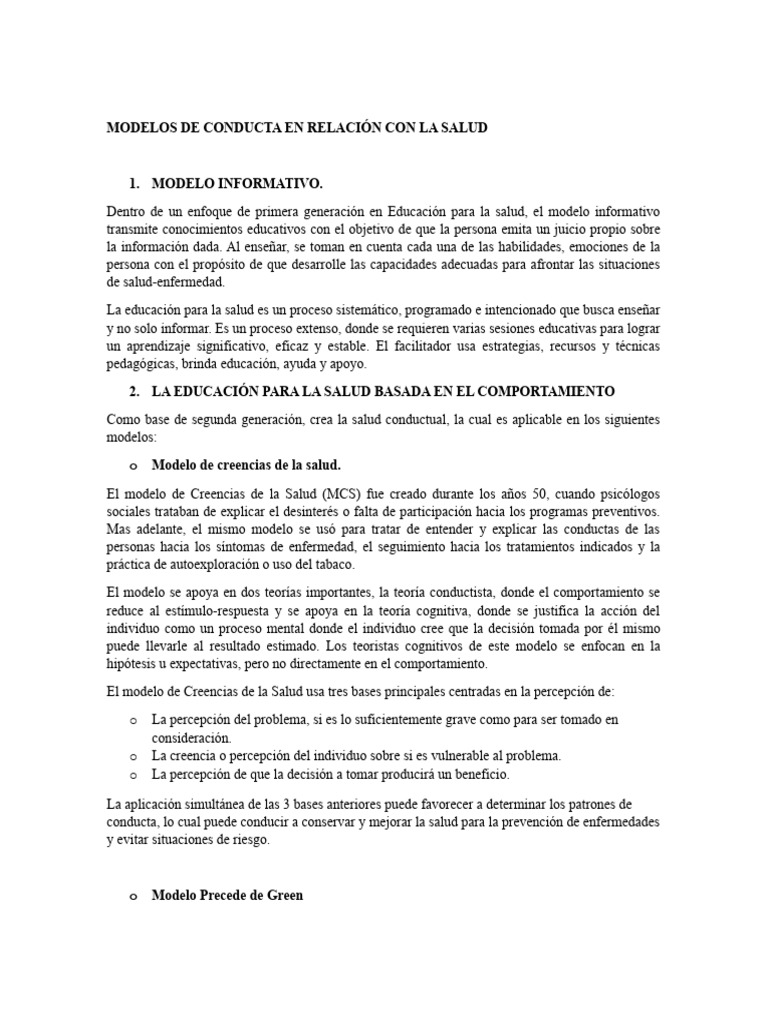Modelos de Conducta en Salud | PDF | Comportamiento | Educación para la ...