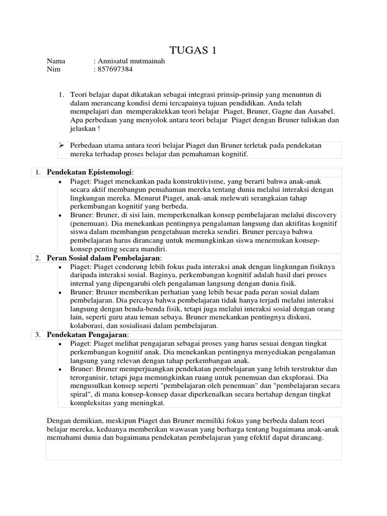 Perbandingan Teori Belajar Piaget dan Bruner | PDF