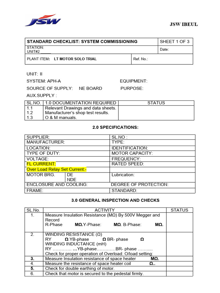 LT Motor Commissioning Checklist | PDF | Electrical Resistance And ...