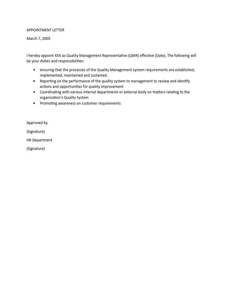 Appointment of Quality Management Representative | PDF