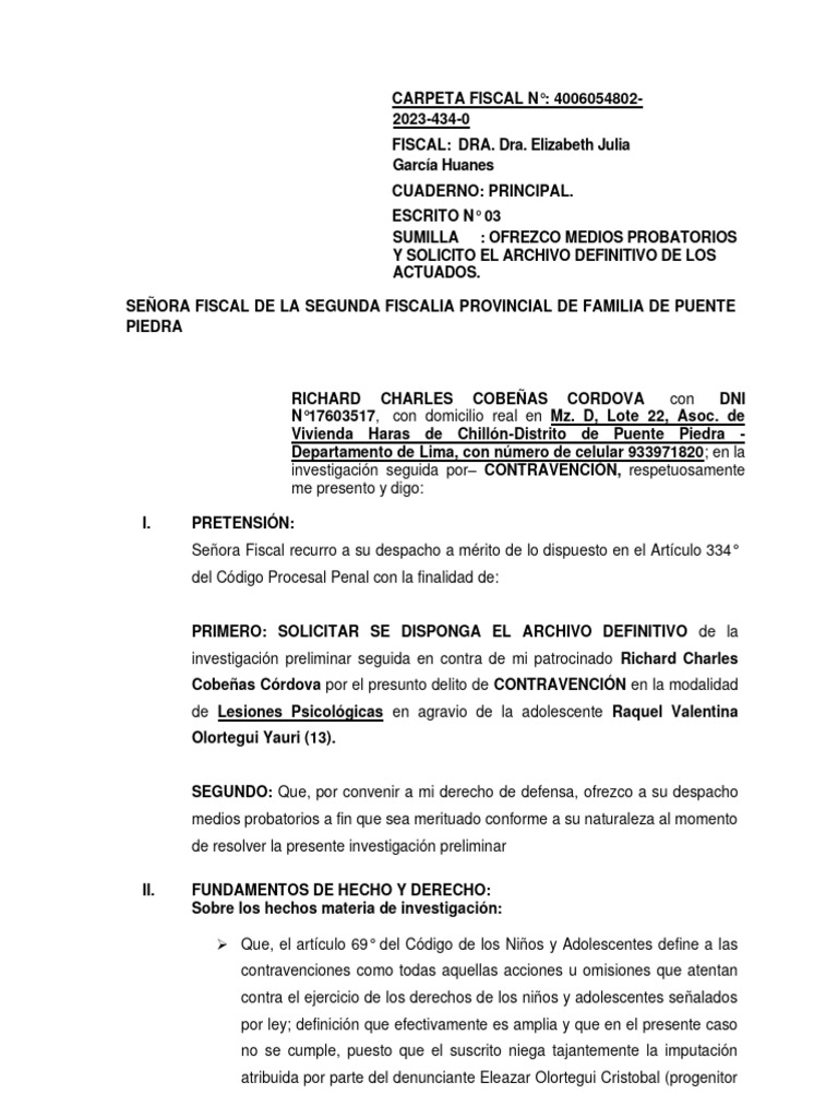 Escrito de Archivo de Actuados y Se Ofrece Medios de Prueba 18 de Marzo de 2024 | Descargar ...