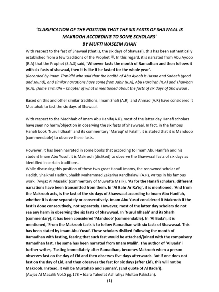 Clarification of The Position That The Six Fasts of Shawaal Is Makrooh ...