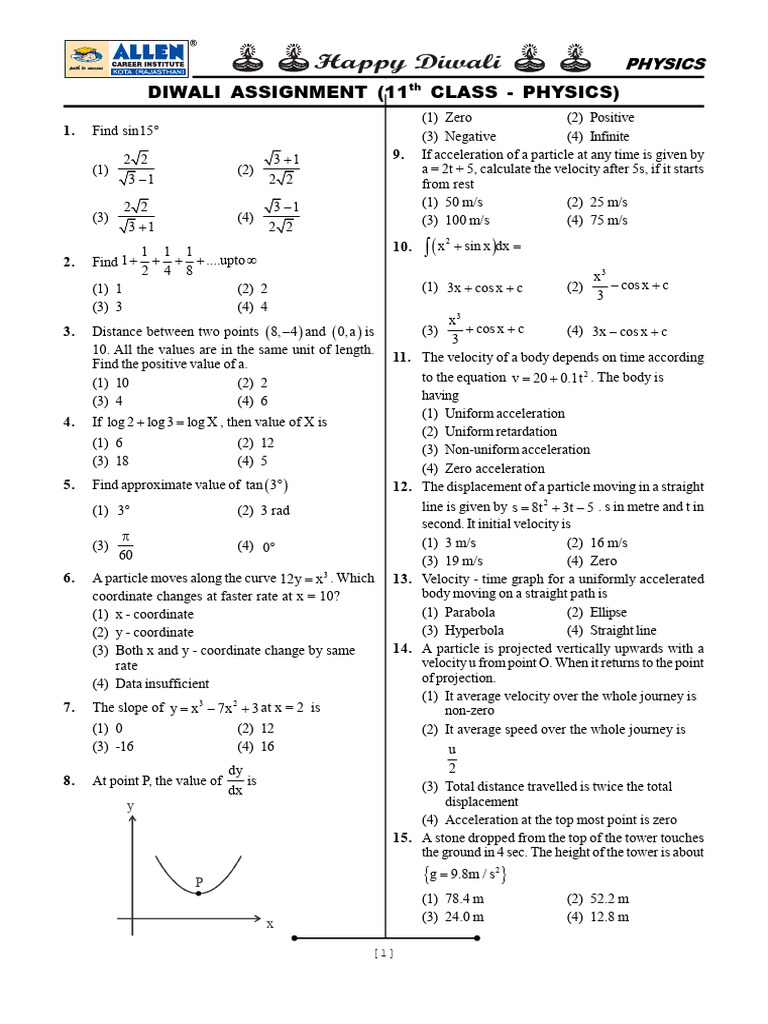Diwali Assignment - Physics - NEET Nurture | PDF | Acceleration ...