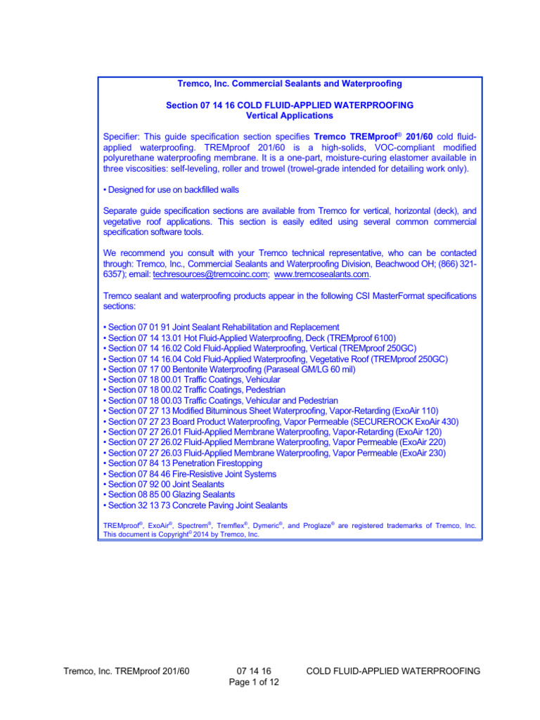 Tremco 071416 - Tremproof 20160 | PDF | Concrete | Building Engineering
