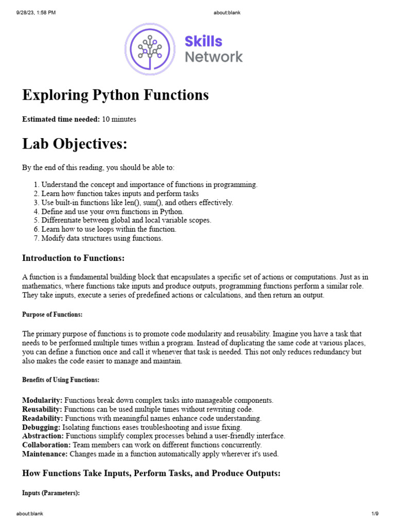 Exploring Python Functions Reading Functions Pdf Parameter Computer Programming Scope
