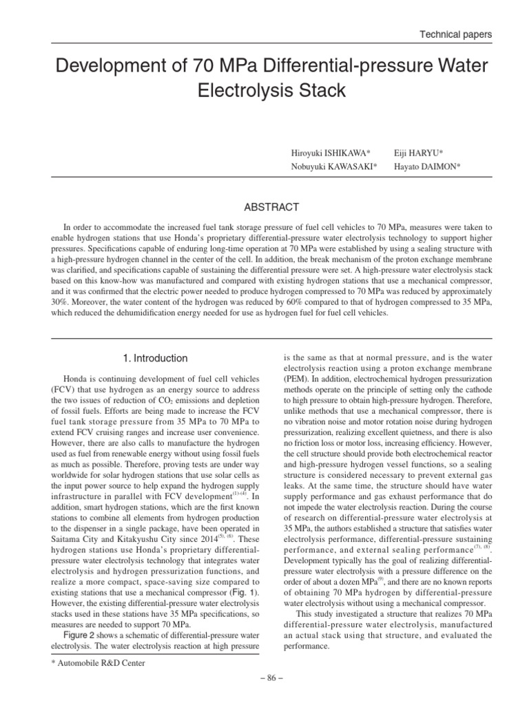 Development of 70 Mpa Differential-Pressure Water Electrolysis Stack ...