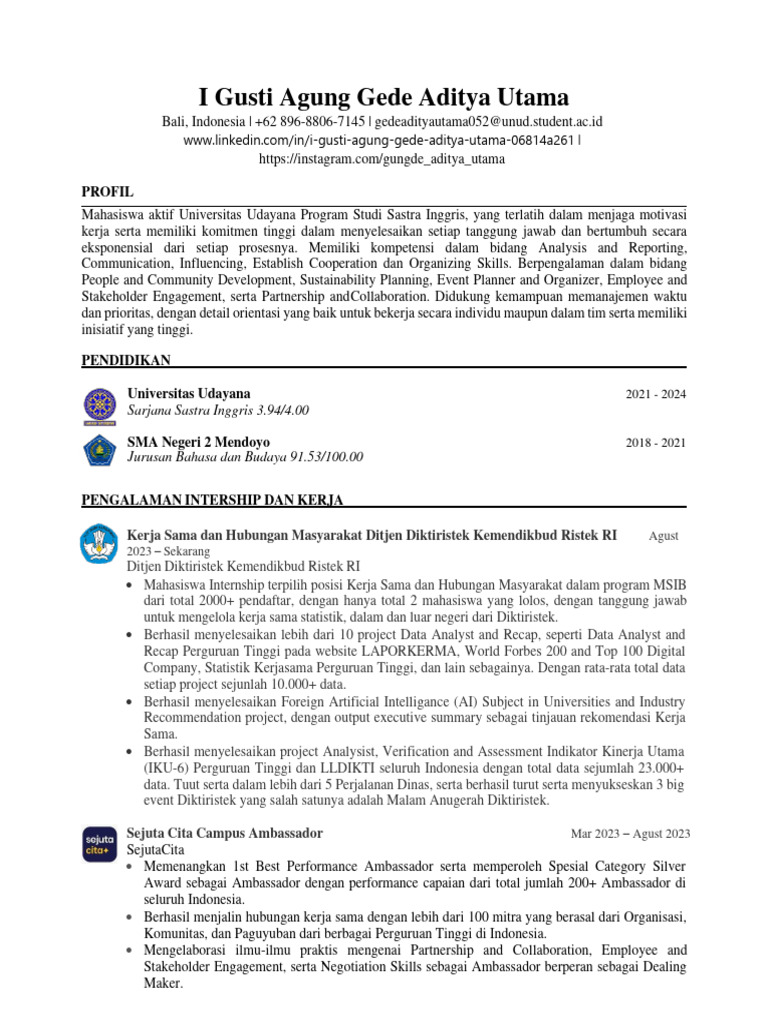 CV - I Gusti Agung Gede Aditya Utama - New Updated | PDF