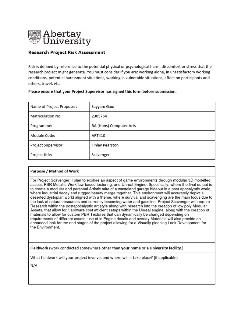 Research Project Risk Assessment For All Schools Form | PDF | Risk ...