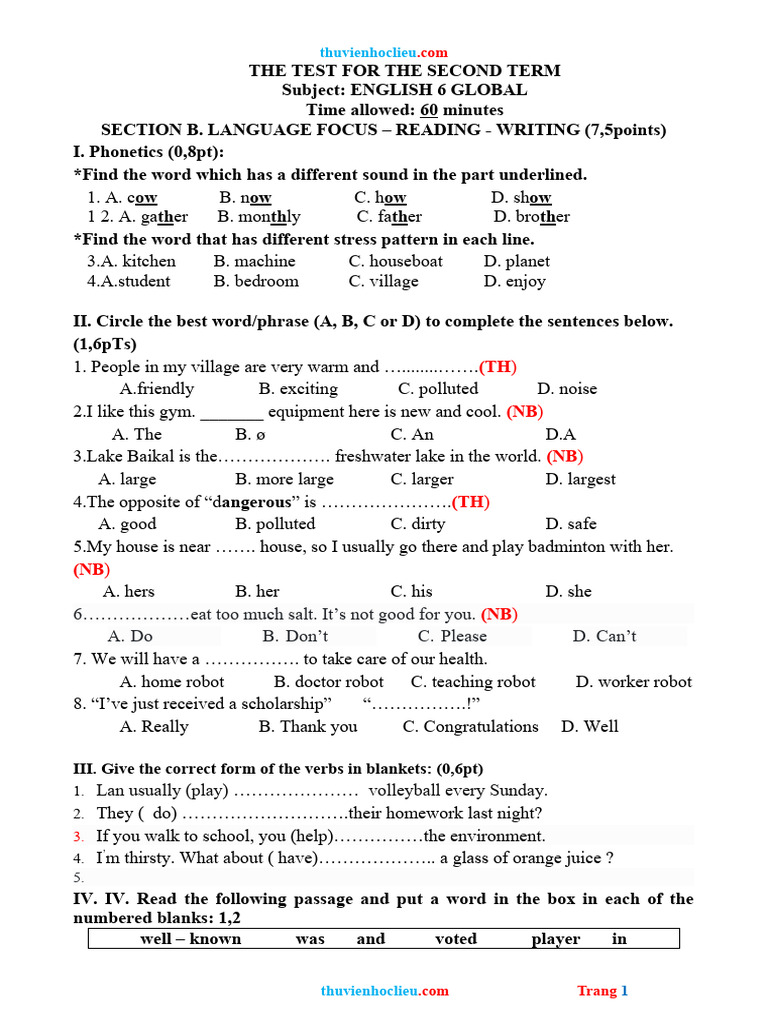 Đề 1 ck2 anh 6 | PDF | Sports & Recreation