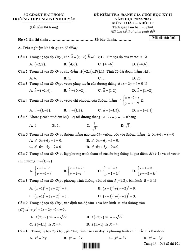 De Cuoi Hoc Ky 2 Toan 10 Nam 2022 2023 Truong THPT Nguyen Khuyen Hai Phong | PDF